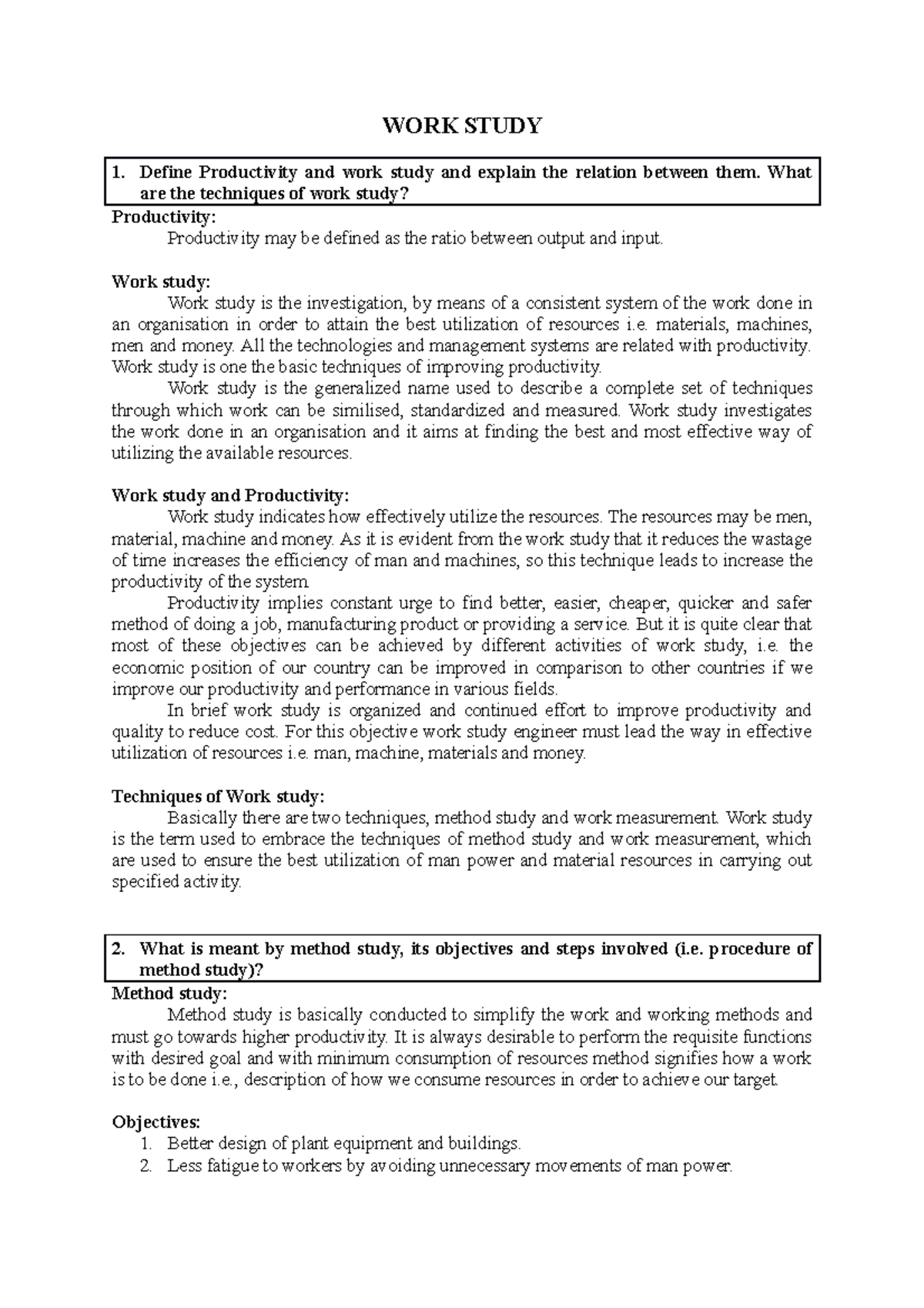 Work study questions and answers - WORK STUDY 1. Define Productivity ...