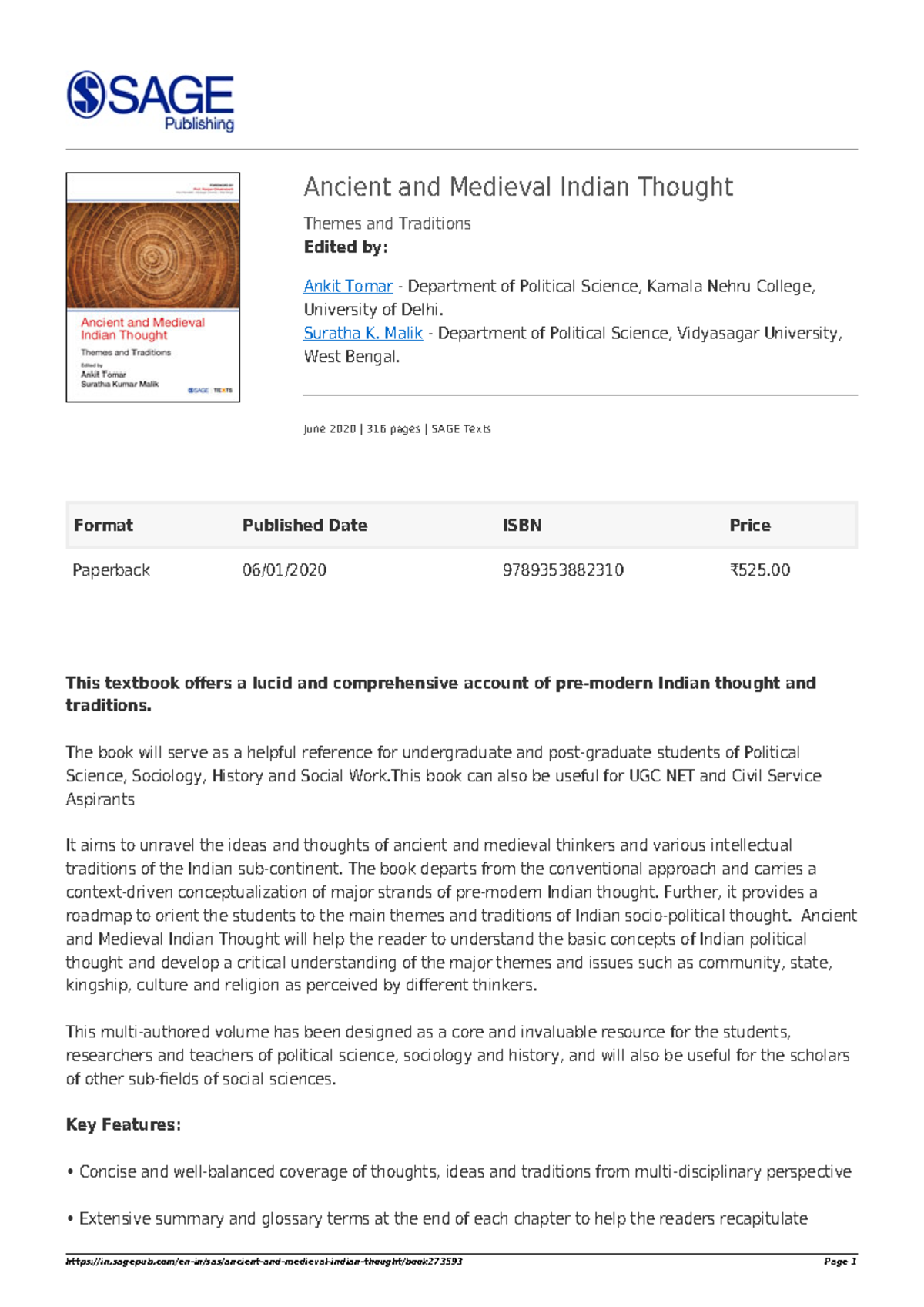 Ancient and Medieval Indian Thought: Themes & Traditions (POL 101 ...