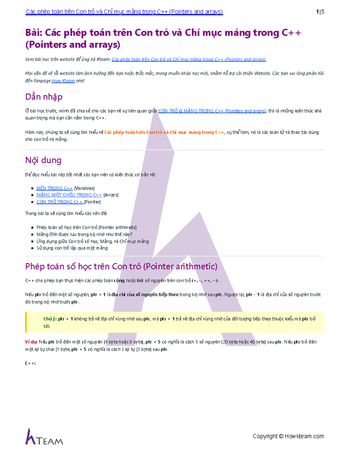 Các phép toán trên Con trỏ và Chỉ mục mảng trong C++ (Pointers and ...