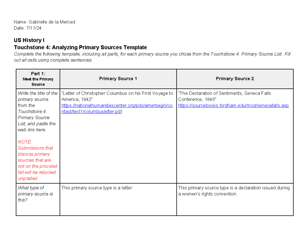 Touchstone 4: Primary Sources Analysis Template for US History I - Studocu