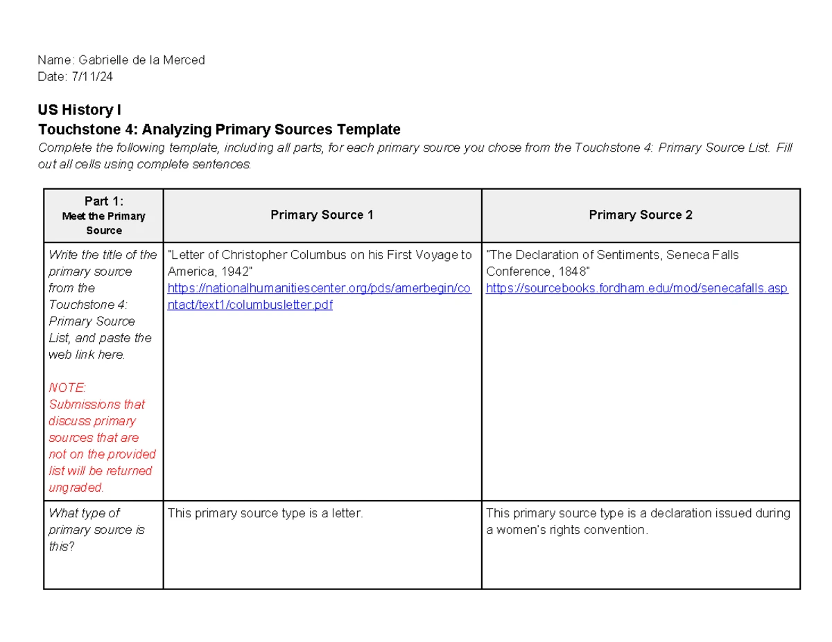 US History I Touchstone 4: Analyzing Primary Sources on Columbus ...