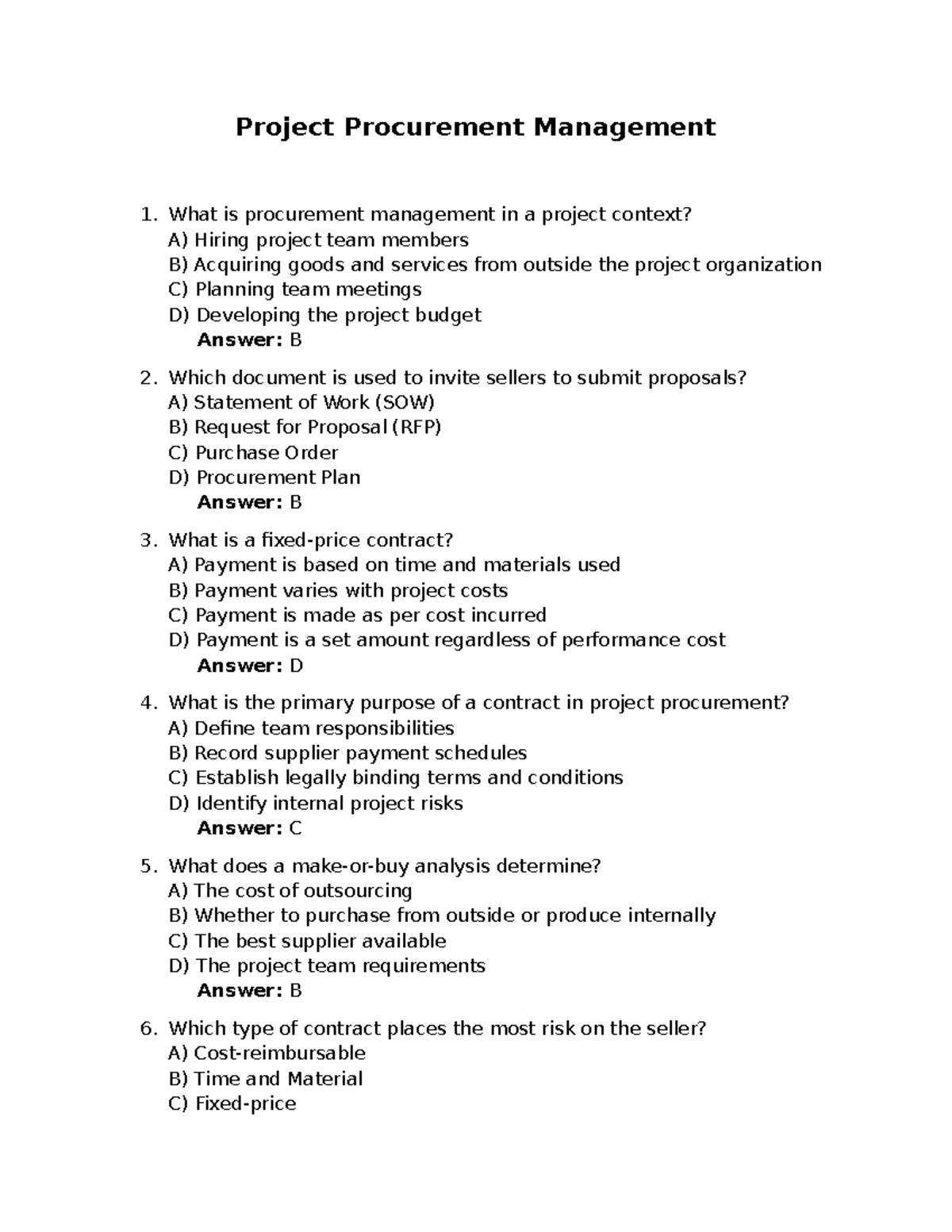 PM 7 - Project Procurement Management Quiz and Key Concepts - Studocu