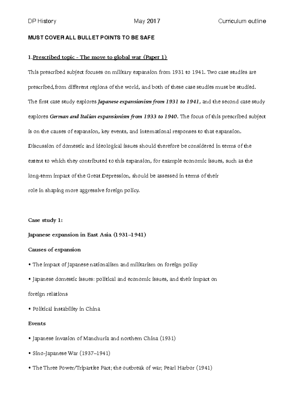 DP History May 2017 Curriculum Outline: Key Topics & Case Studies ...