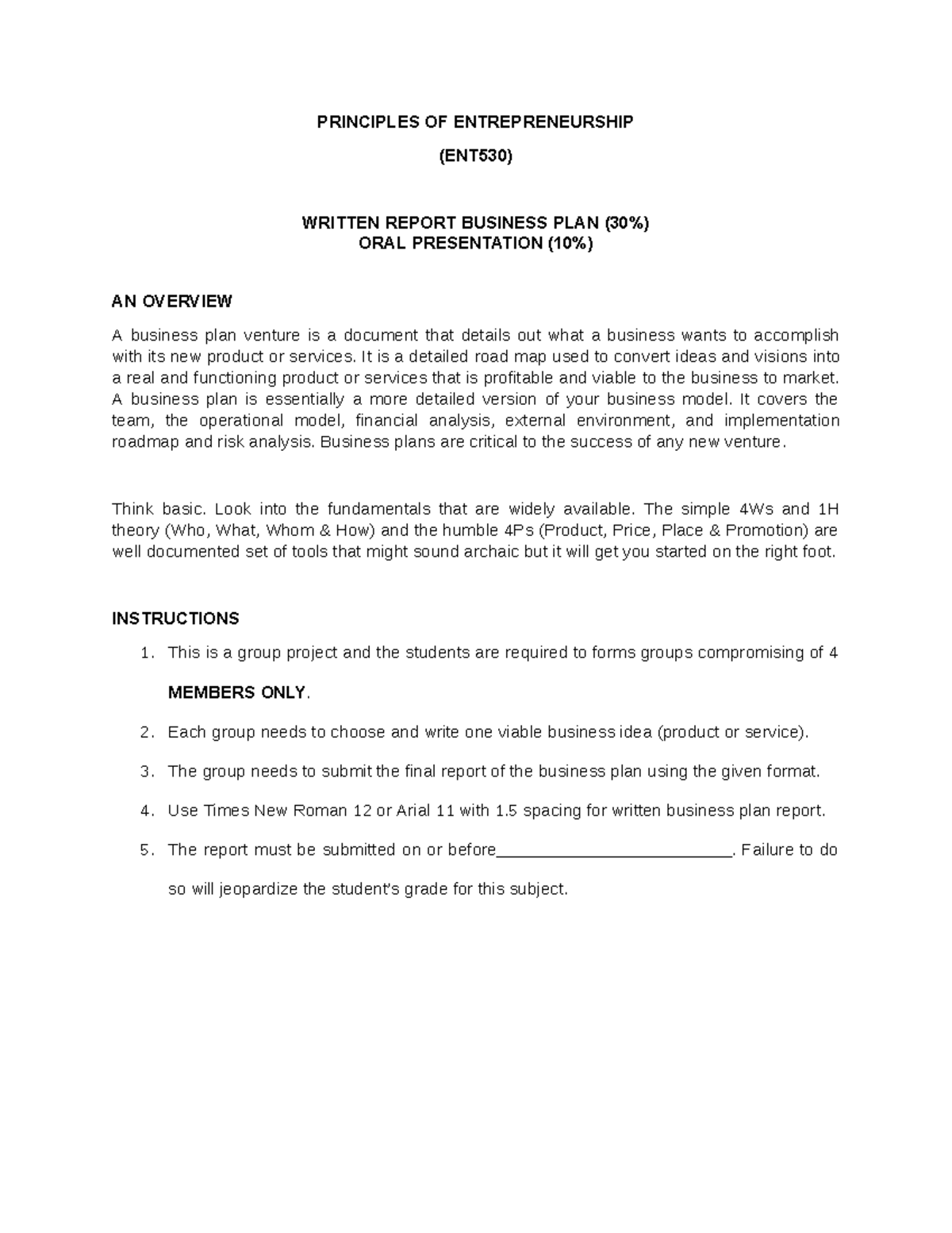 ENT530 Business Plan Guideline 26102018 - PRINCIPLES OF ...