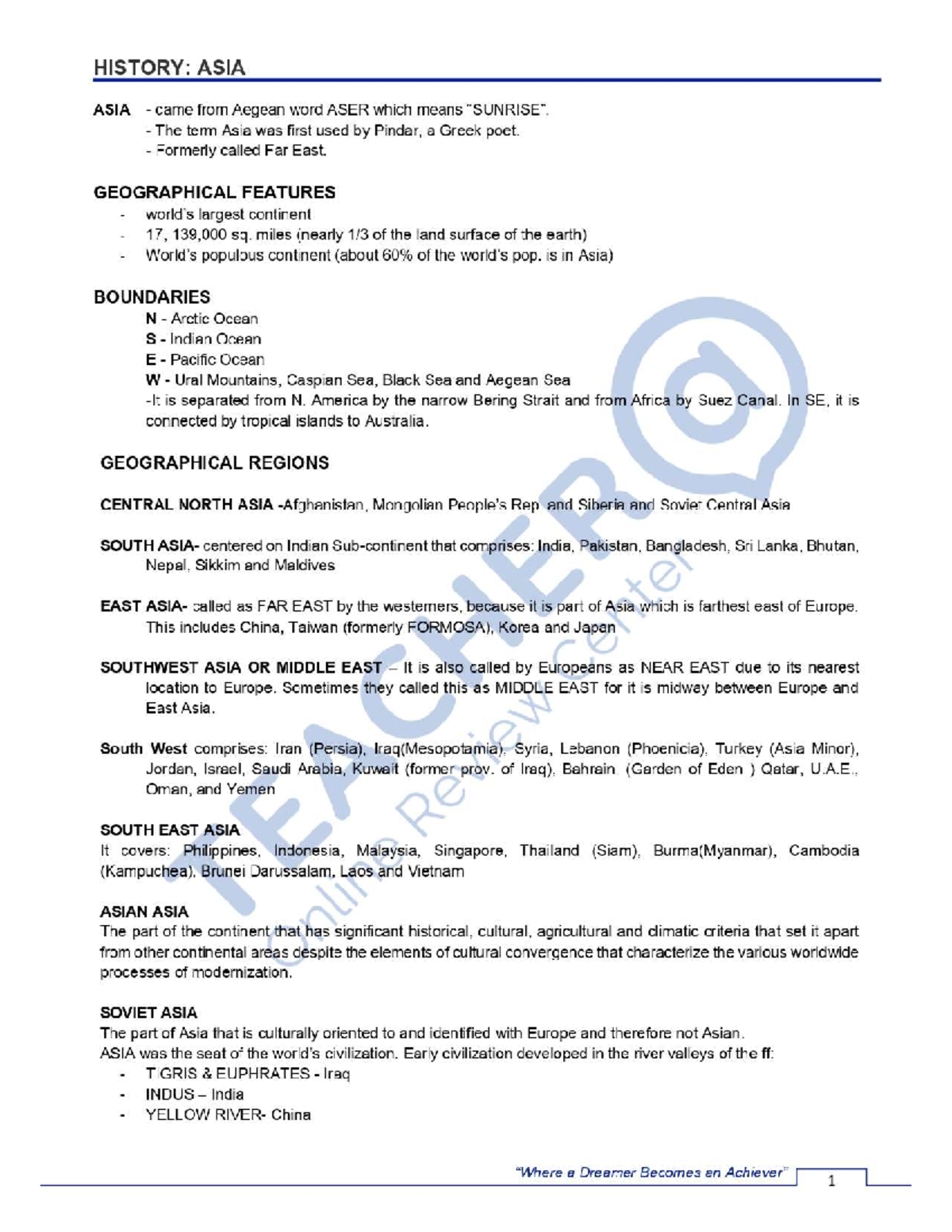 HISTORY: ASIA - Geographical Features and Cultural Contributions - Studocu