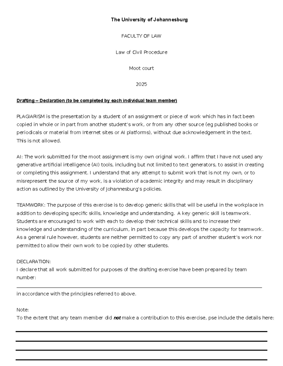 UJ LAW 2025 Moot Court Declaration Form for Team Members - Studocu