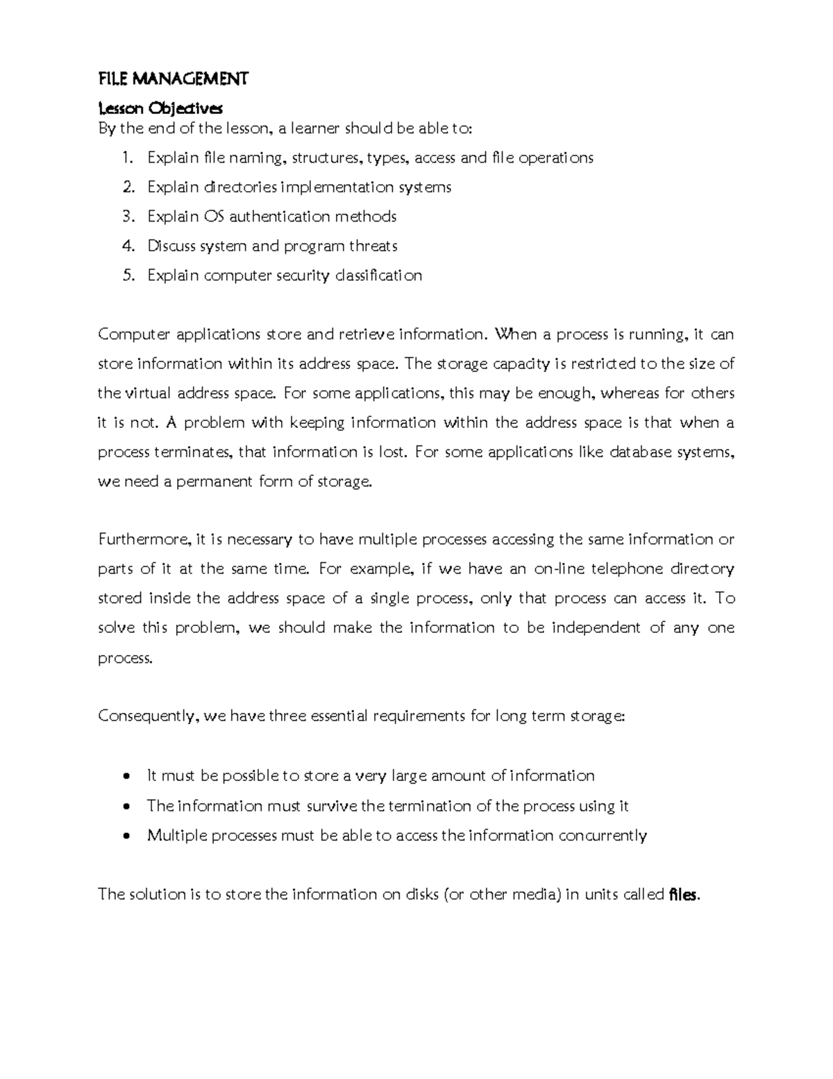 FILE MANAGEMENT (OS 101) Lesson Objectives and Key Concepts - Studocu
