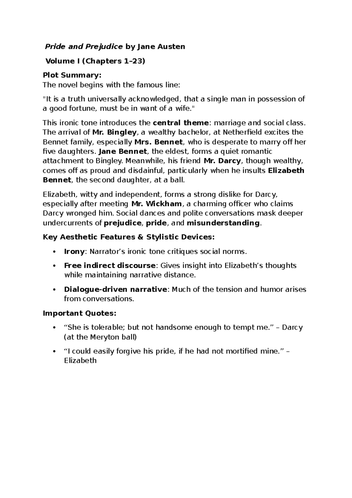 Pride and Prejudice (ENG 101) Comprehensive Summary and Analysis - Studocu
