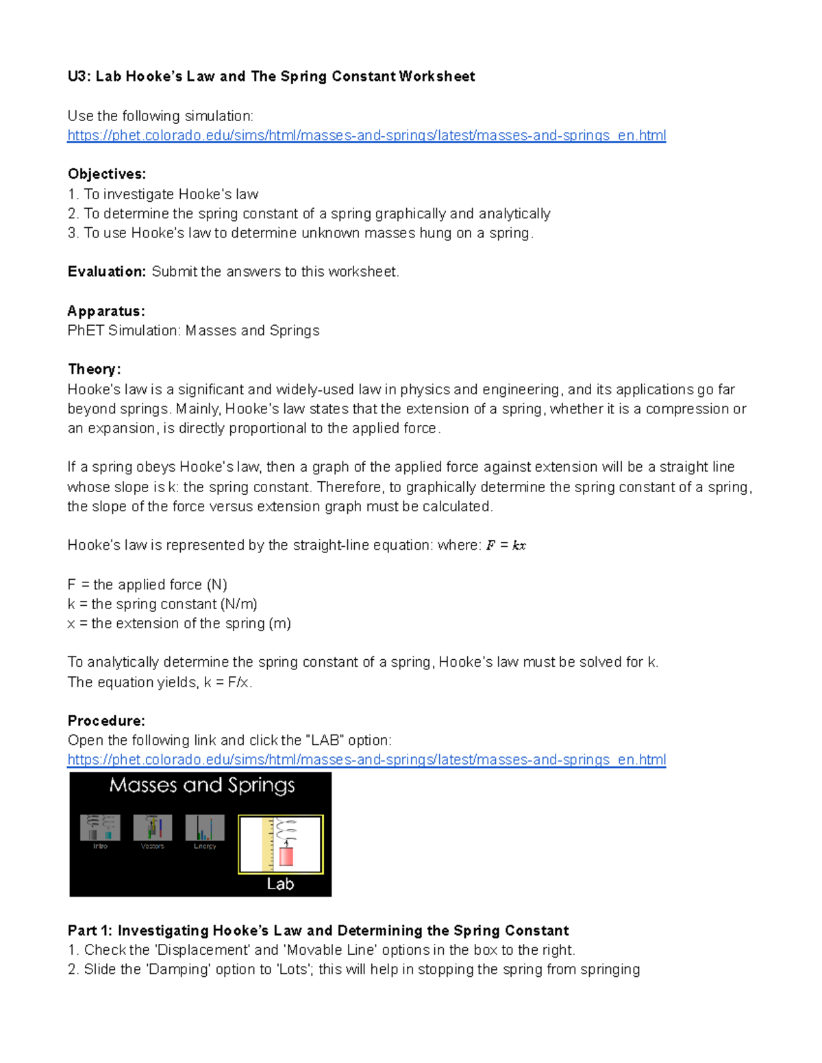 THE REAL LAB Report - U3: Lab Hooke’s Law and The Spring Constant ...