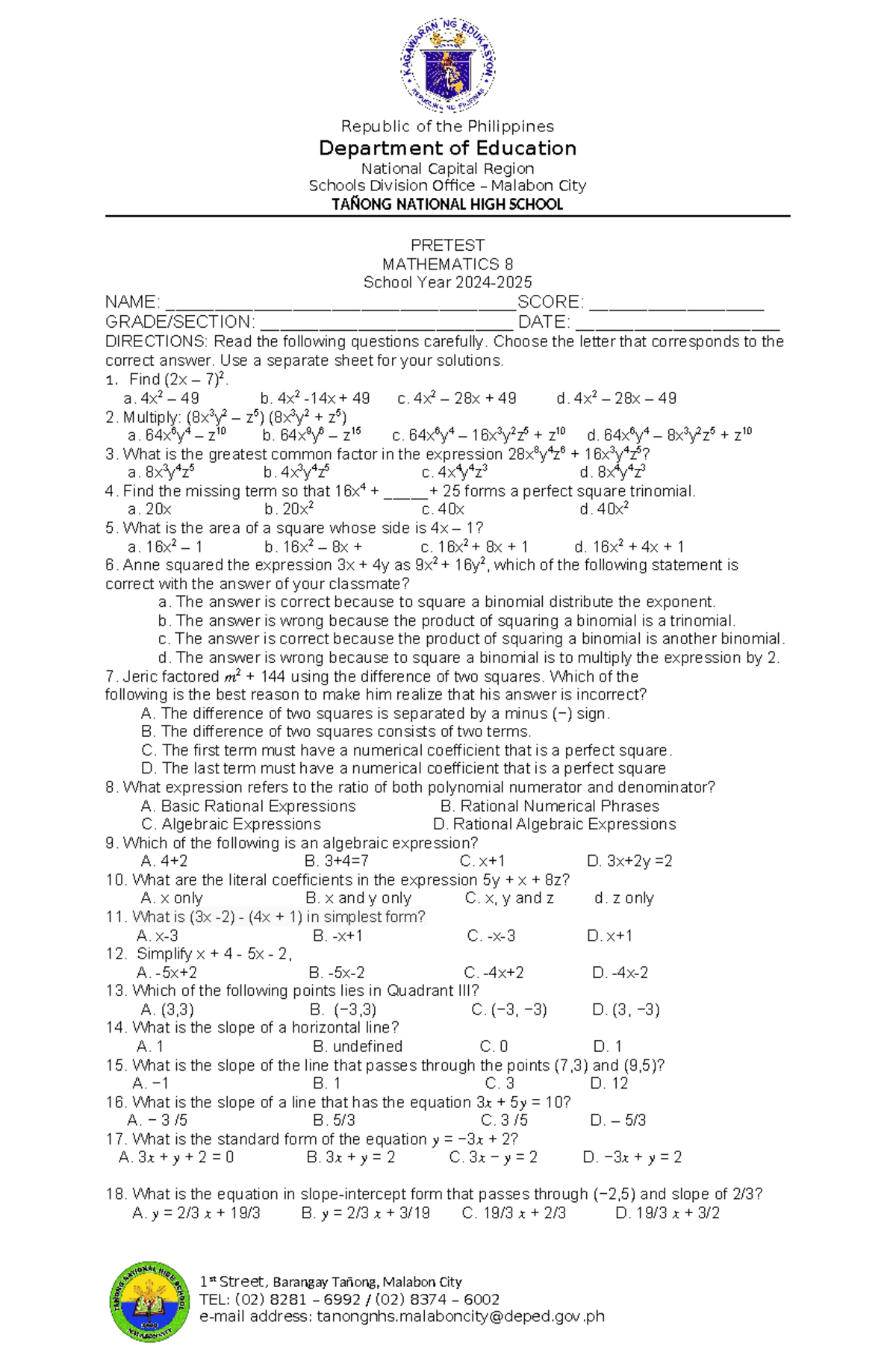 Pretest-MATH-8 - Mathematics 8 Pretest and Answer Key - Studocu