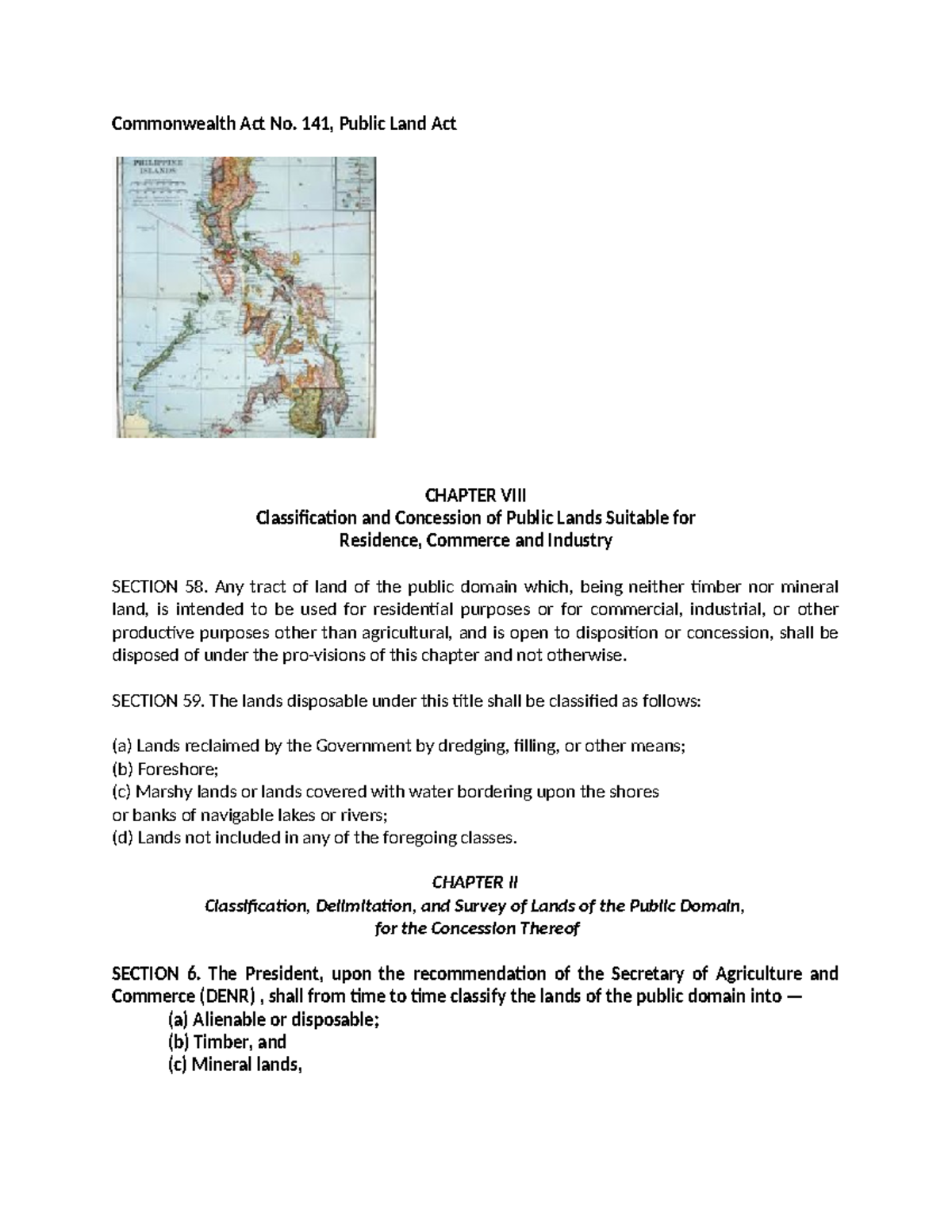 Public Land Act Overview and Key Provisions (CA 141) - Studocu