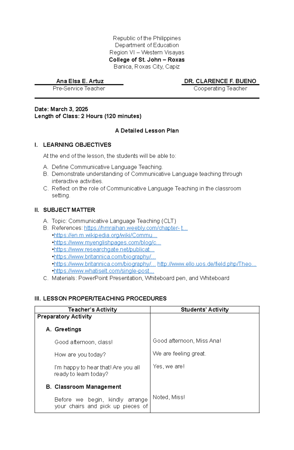 Detailed Lesson Plan on Communicative Language Teaching (CLT) - Studocu