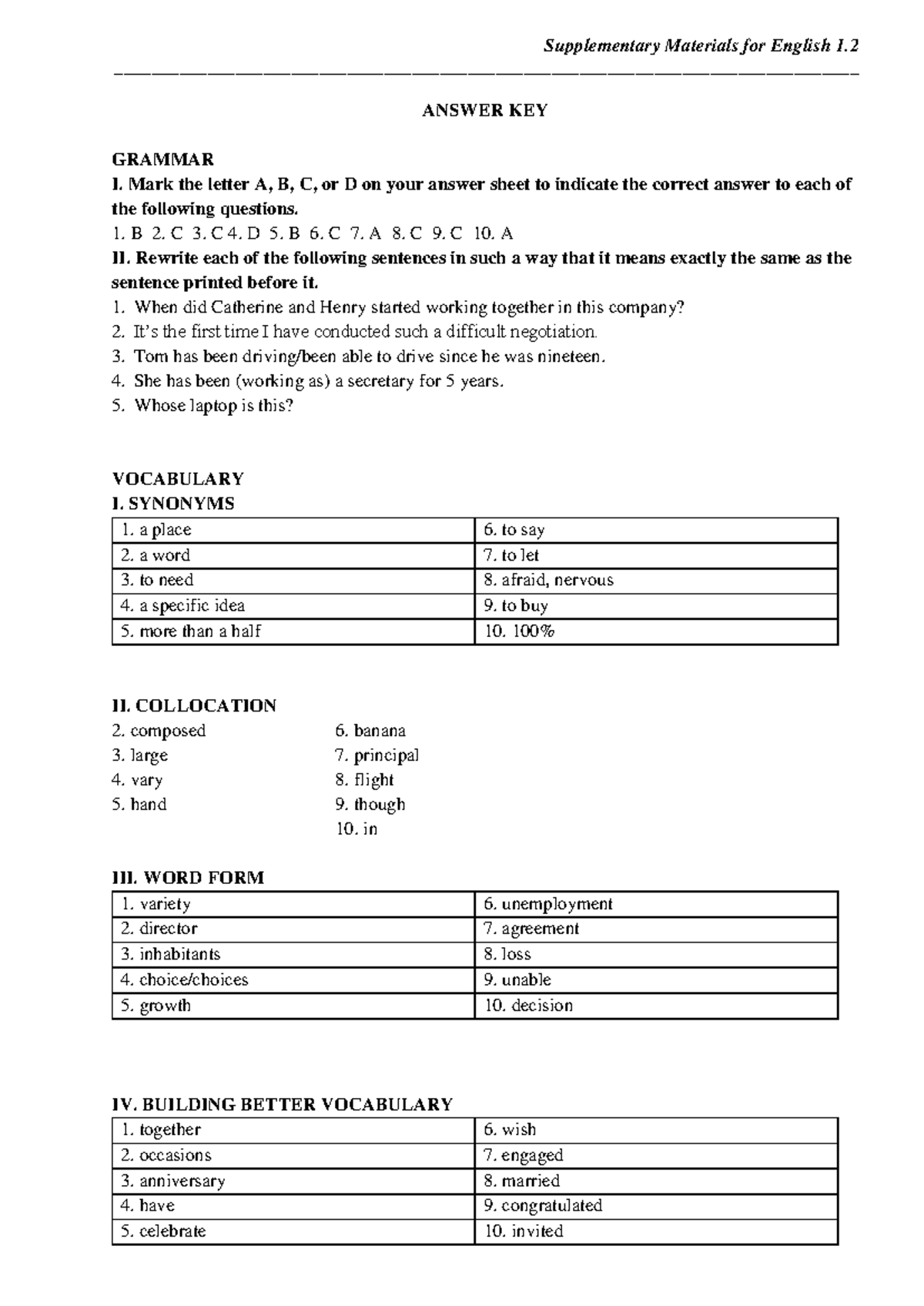 UNIT 1 - Answer Key for English 1 - Supplementary Materials - Studocu