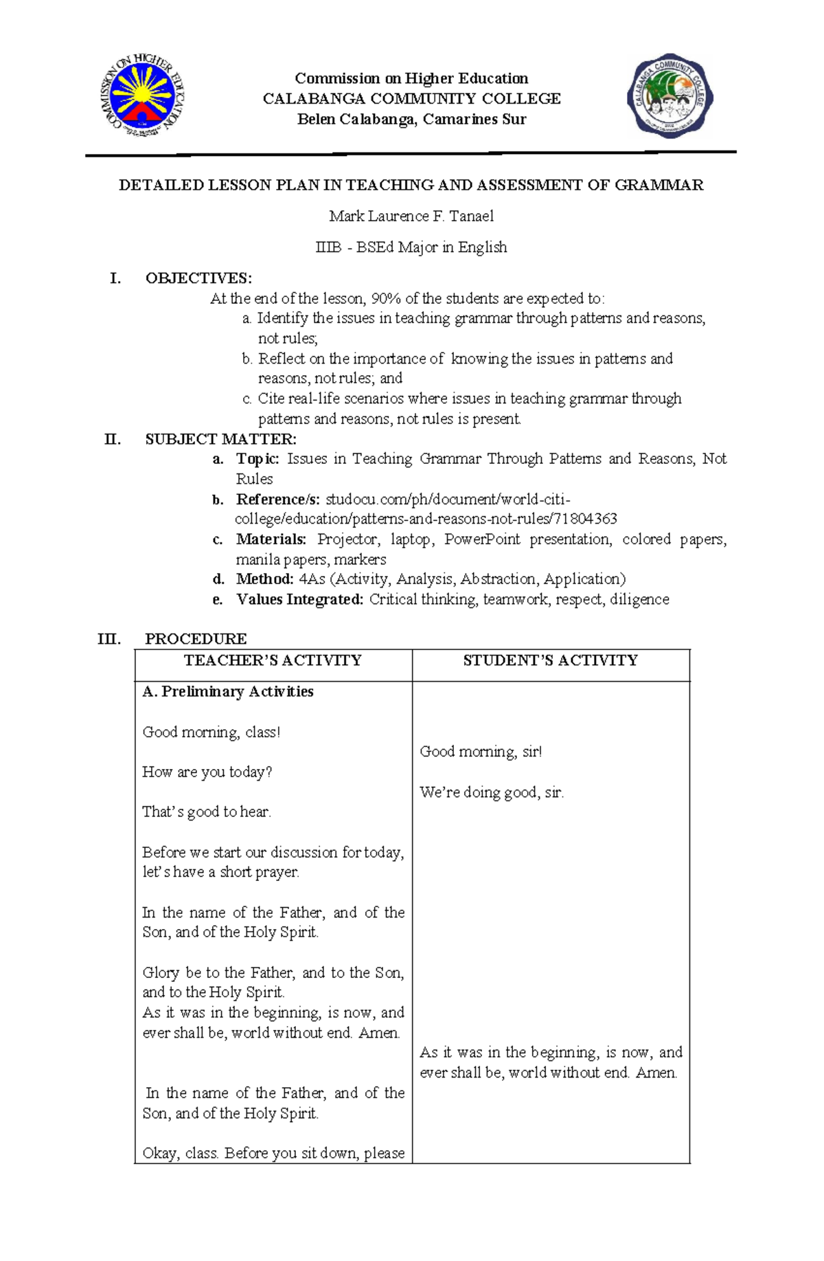 Detailed Lesson Plan in Teaching Grammar Issues (BSEd IIIB) - Studocu