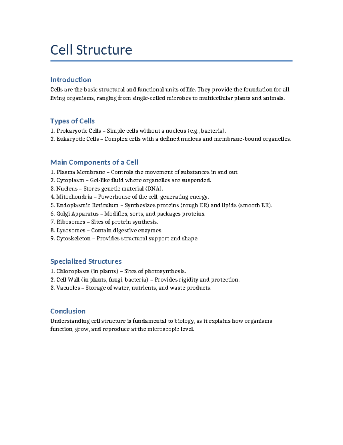 Cell Structure Overview: Types & Components of Cells - Studocu