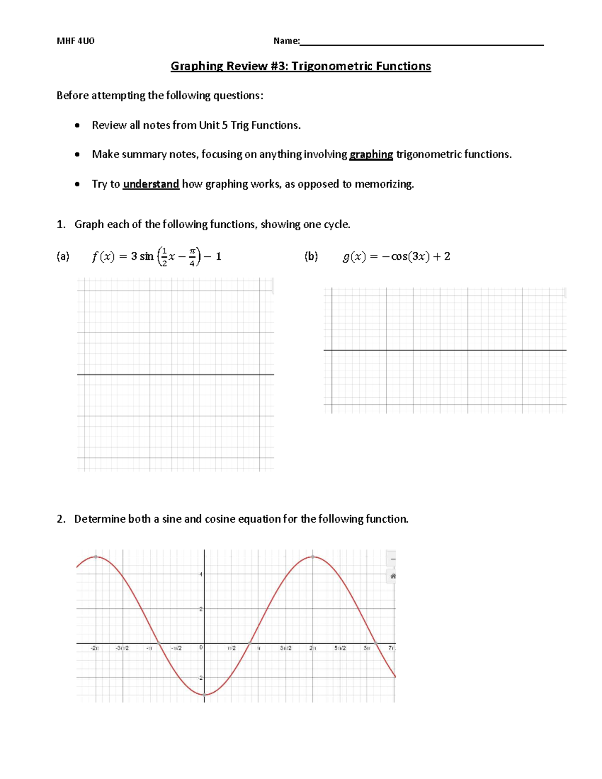 Review 3 Graphing Trig Functions - MHF 4U0 Name: Graphing Review #3 ...