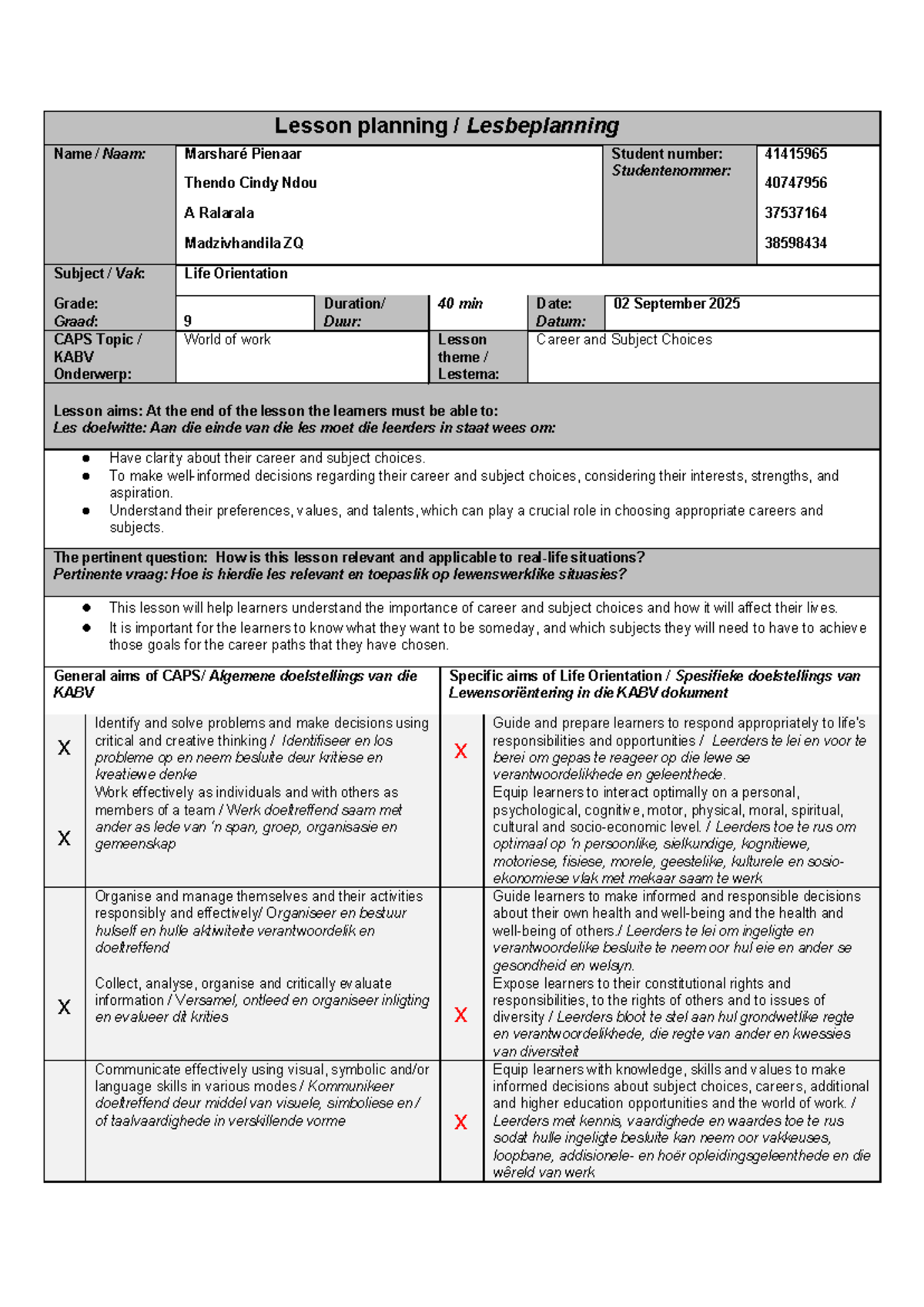 Improved Lesson Plan: Career and Subject Choices (LO 9) - Studocu