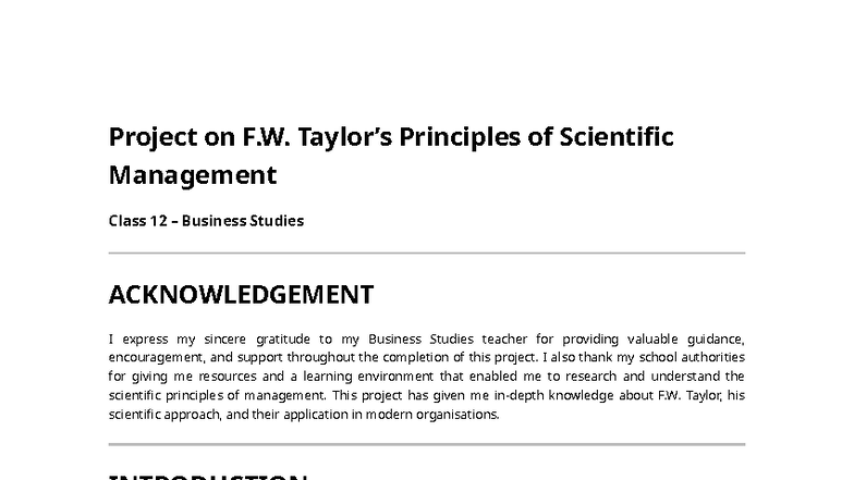 Project on F.W. Taylor's Principles of Scientific Management - Class 12 ...