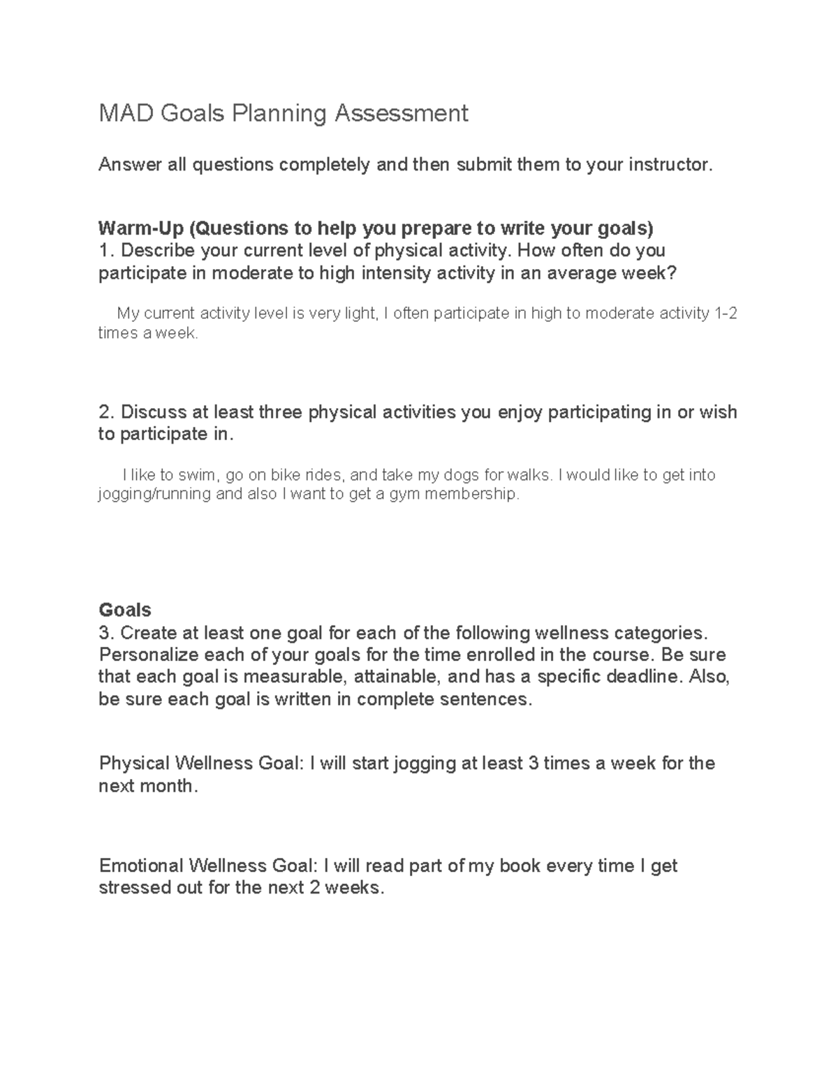 MAD Goals Planning Assessment: Wellness & Fitness Journey - Studocu