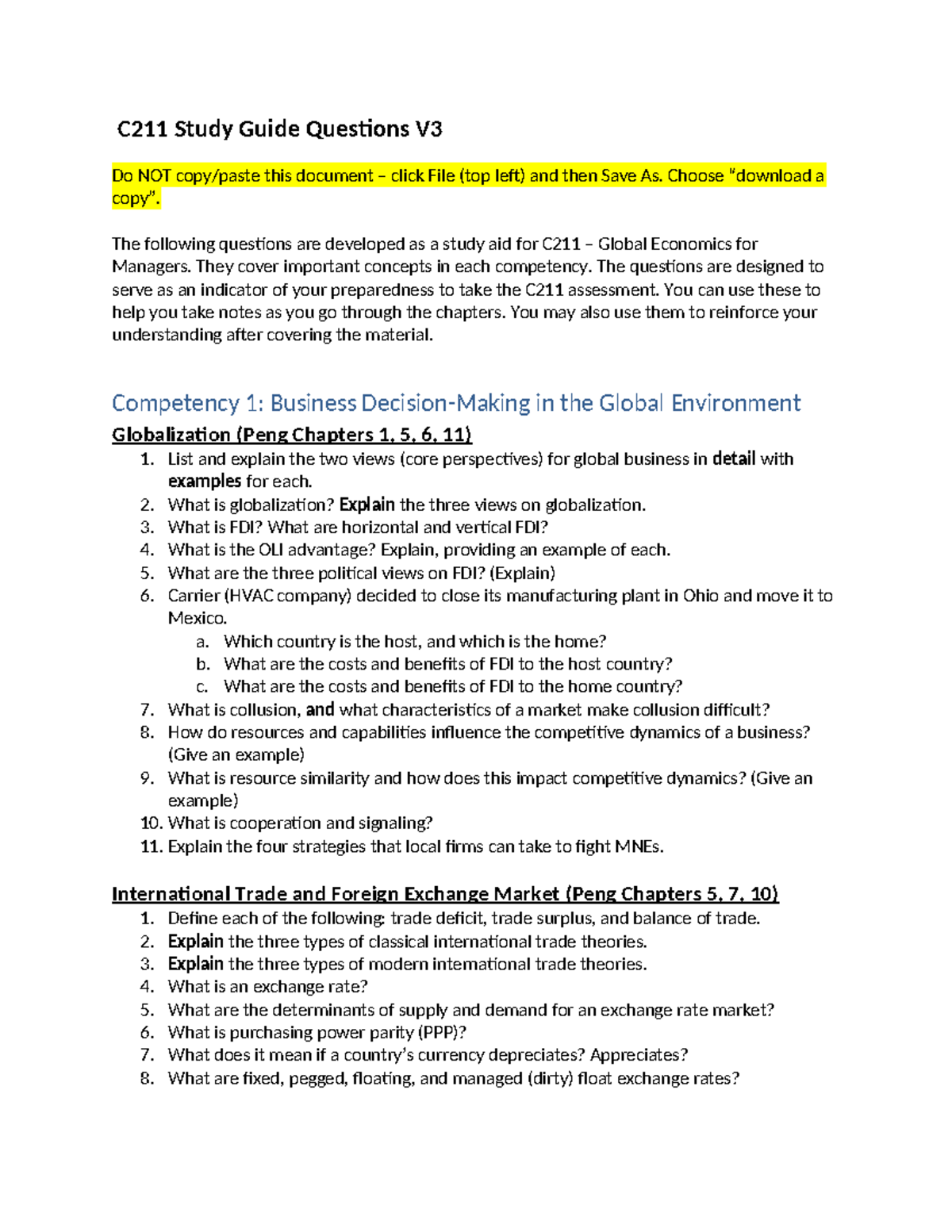 C211 Study Guide: Key Questions for Global Economics Exam Prep - Studocu
