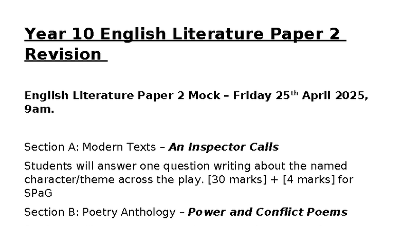 Year 10 English Literature Paper 2 Revision Guide: Mock Exam Prep - Studocu