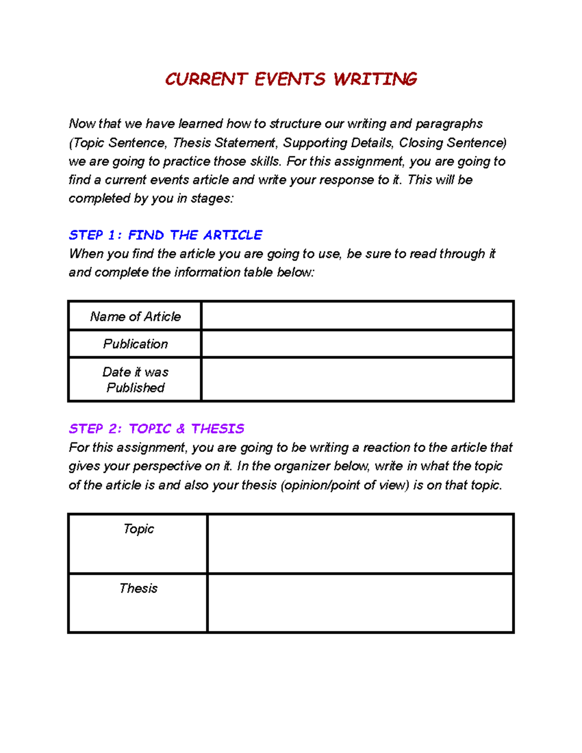Current Events Writing Assignment Guide: Structuring Your Response ...