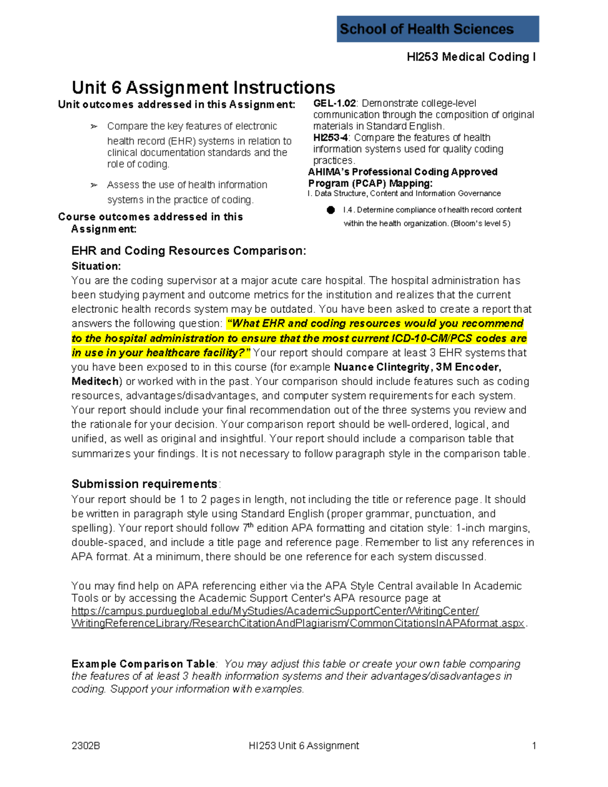 HI253 Unit 6 Assignment: EHR Systems Comparison & Recommendations - Studocu