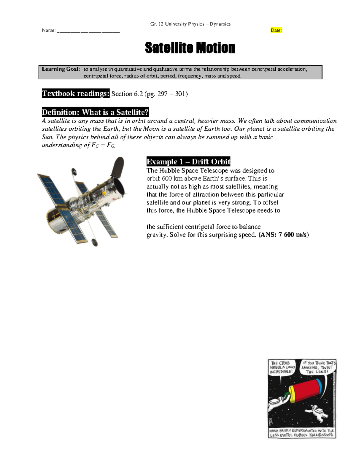 Worksheets - Satellite Motion - Name: ________________________ Date ...