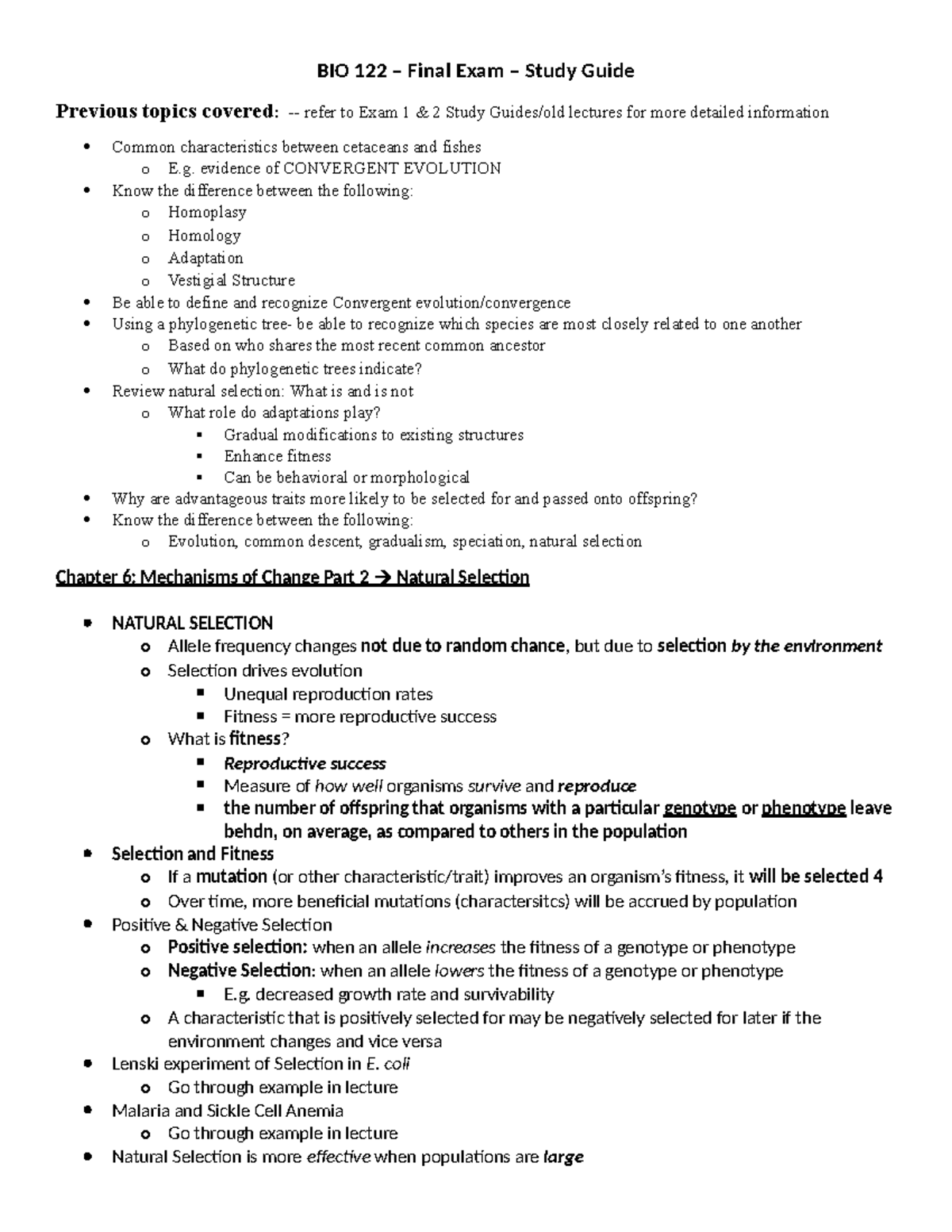 BIO 122 – Final Exam Study Guide: Evolution & Natural Selection Topics ...