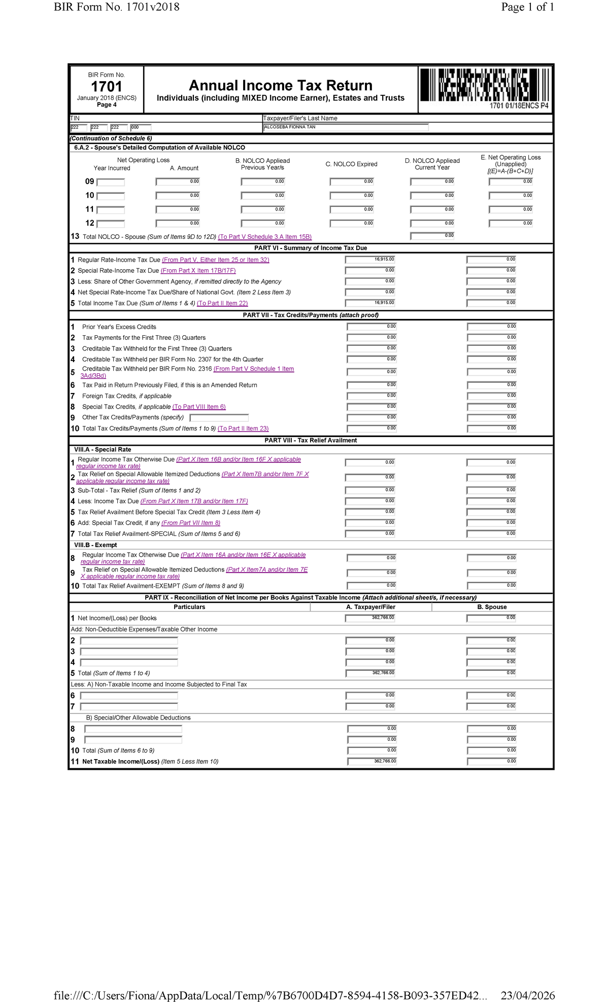BIR Form 1701 Annual Income Tax Return 2018 - Detailed Computation ...
