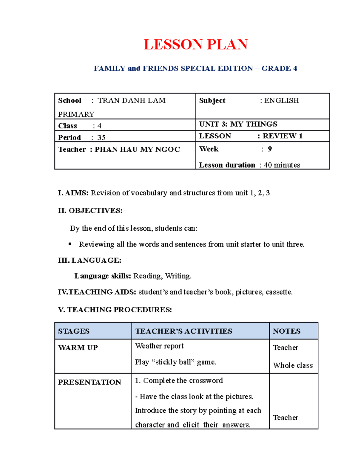 Lesson Plan: Grade 4 - Family and Friends (Weeks 9-12) - Studocu
