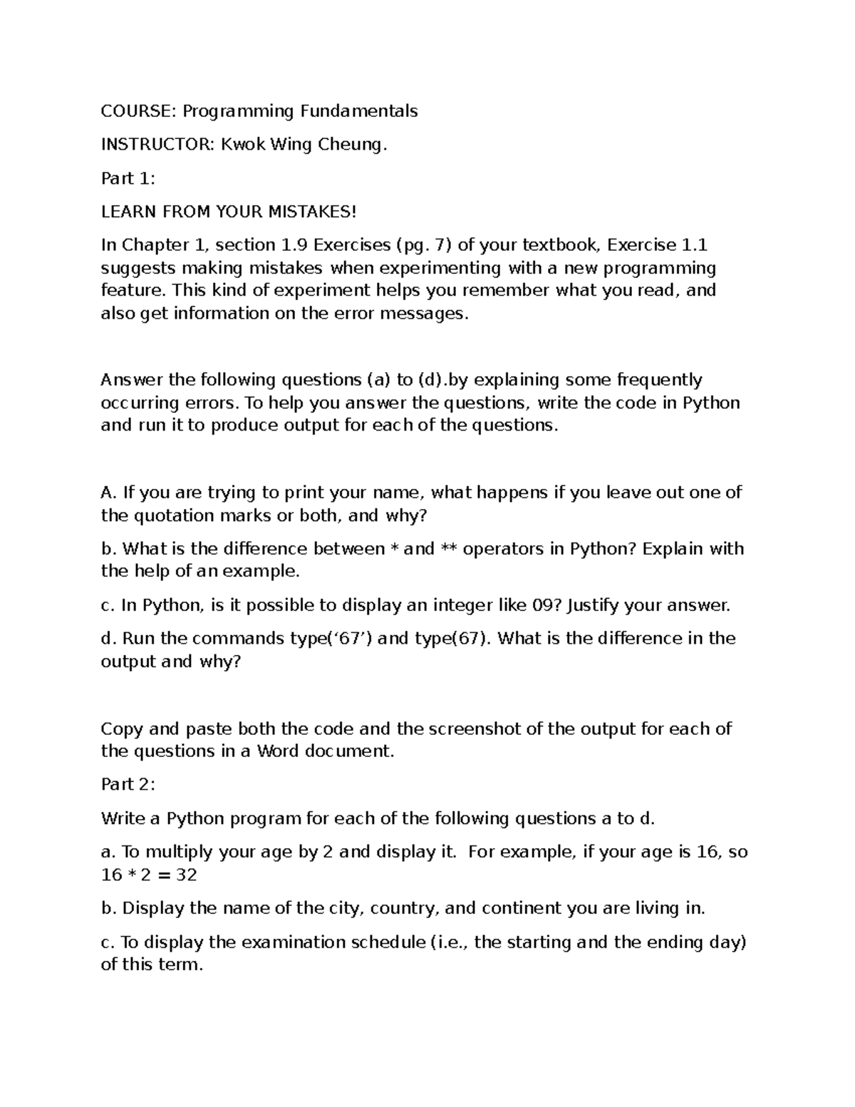 Programming Assignment Unit 1 Cs1101 01 Course Programming