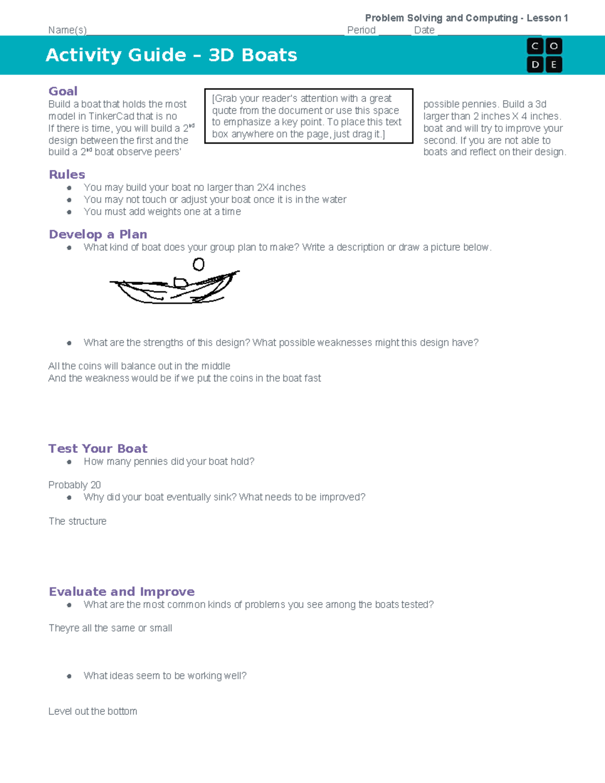 Problem Solving and Computing Lesson 1: 3D Boat Activity Guide - Studocu