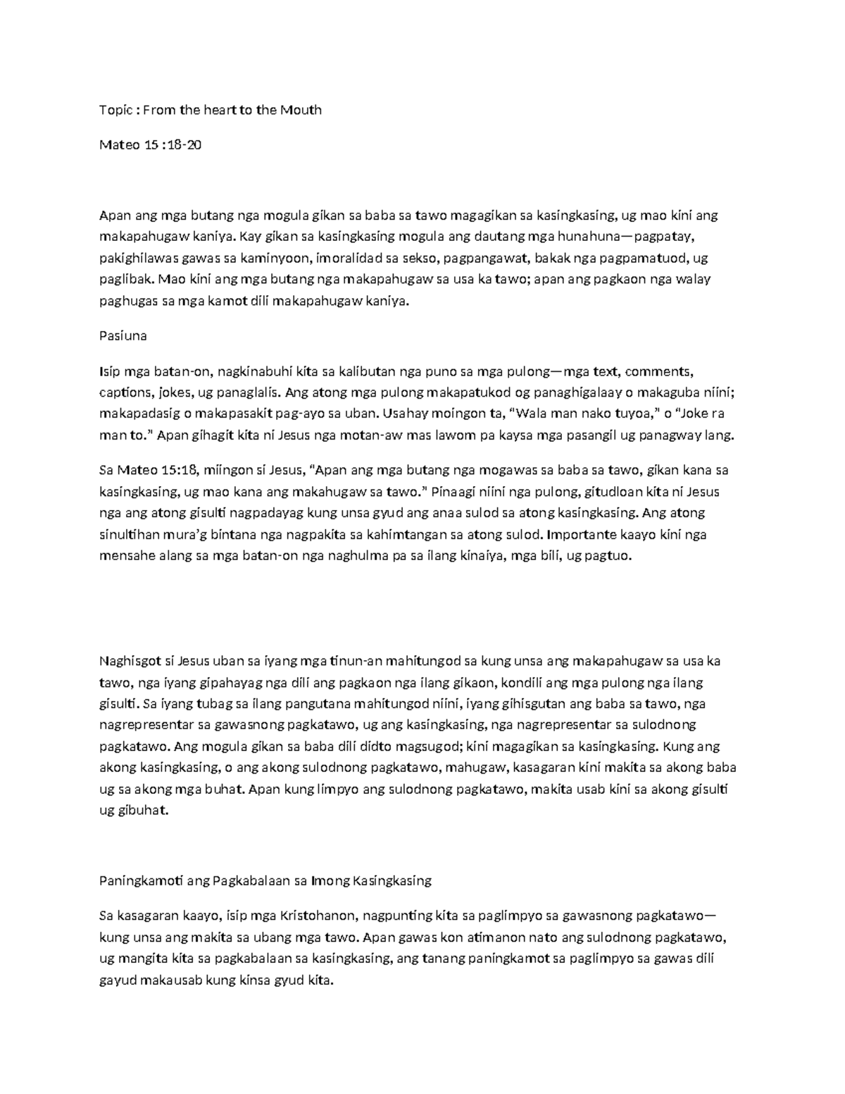 Mateo 15: Ang Kasingkasing ug ang mga Pulong nga Mogula - Studocu