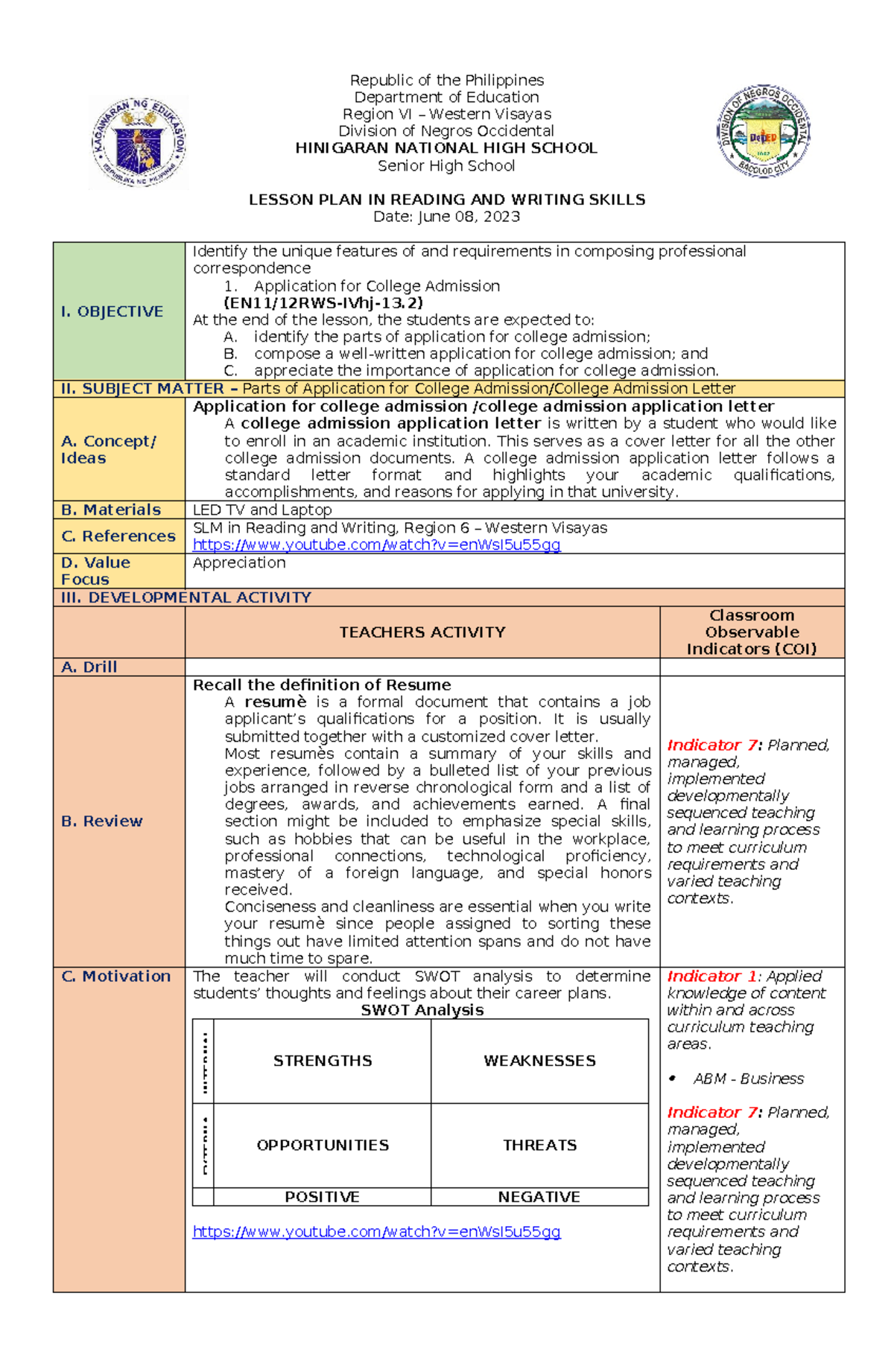 Reading and Writing - Republic of the Philippines Department of ...