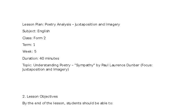 Lesson Plan: Poetry Analysis - Juxtaposition & Imagery (Eng Form 2 ...