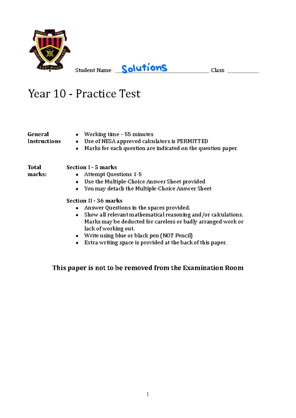 Year 10 Math Solutions: Practice Test 1 - Studocu