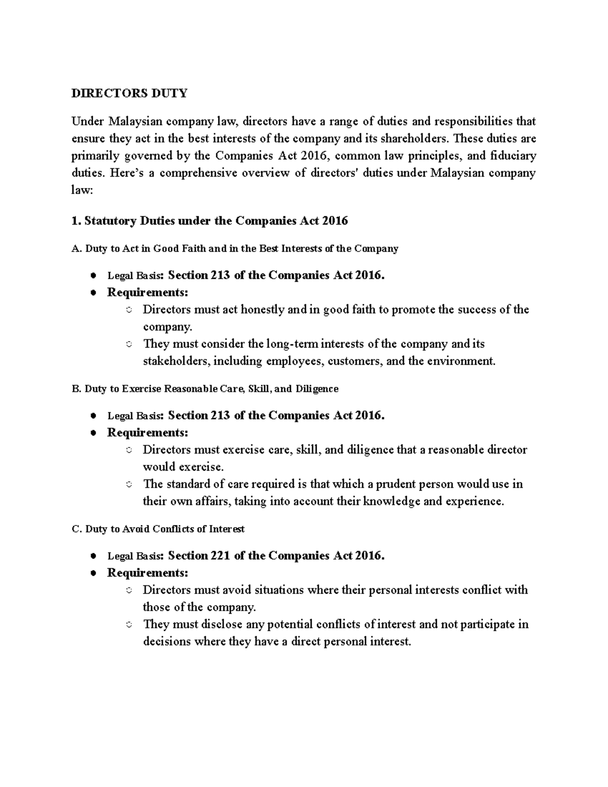 Final Notes on Directors' Duties Under Malaysian Company Law (CA 2016 ...