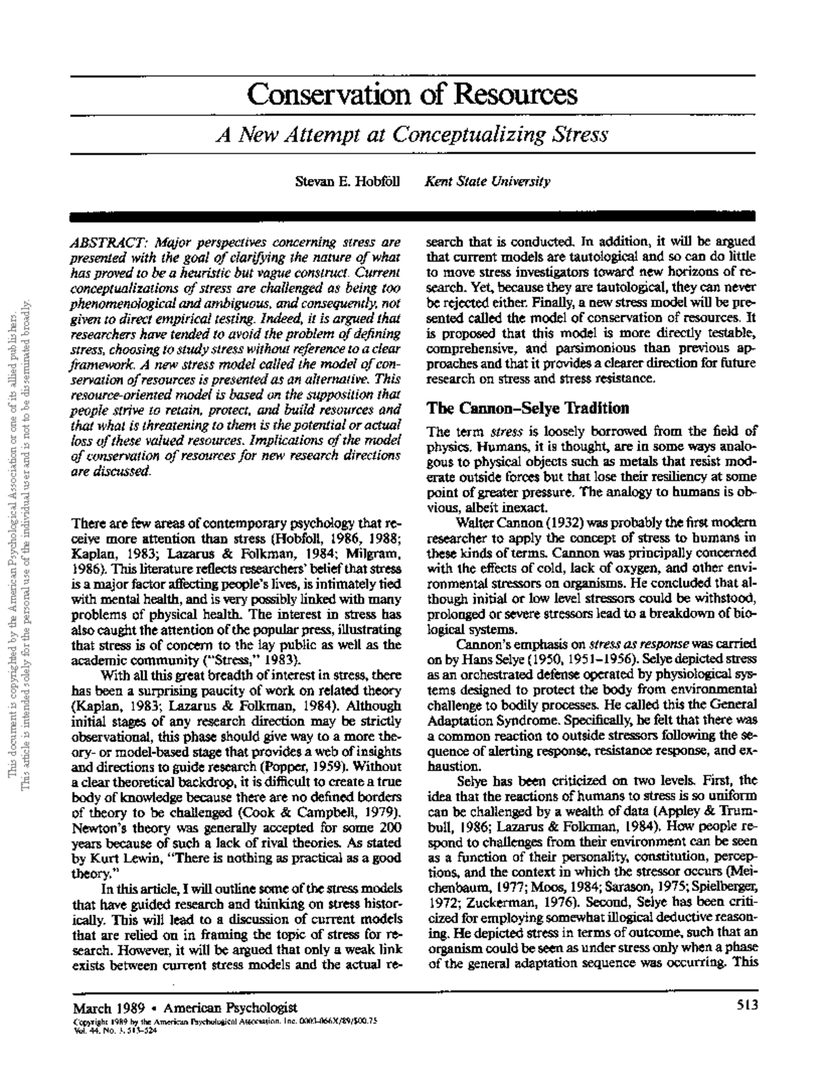 Conservation of Resources: A New Stress Model (Hobfoll, 1989) - Studocu