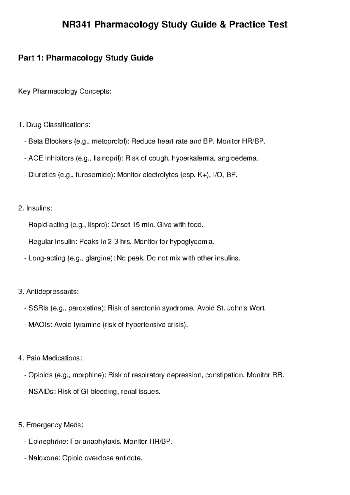 Nr341 Pharmacology Study Guide Key Concepts Practice Test Part 1