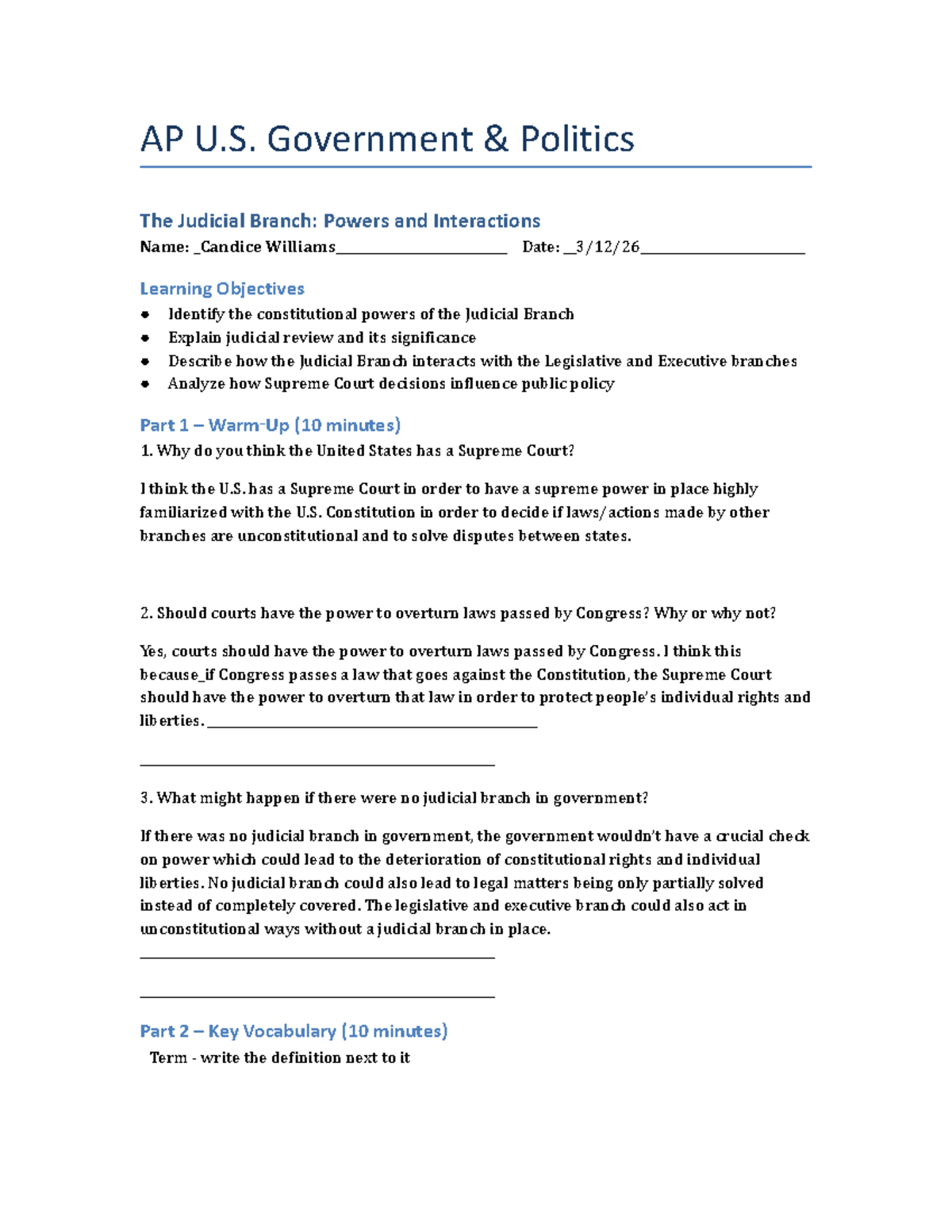 AP Gov: The Judicial Branch - Powers & Interactions Overview - Studocu