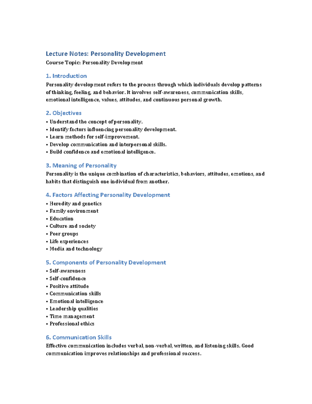 Personality Development Lecture Notes: Key Concepts & Skills - Studocu
