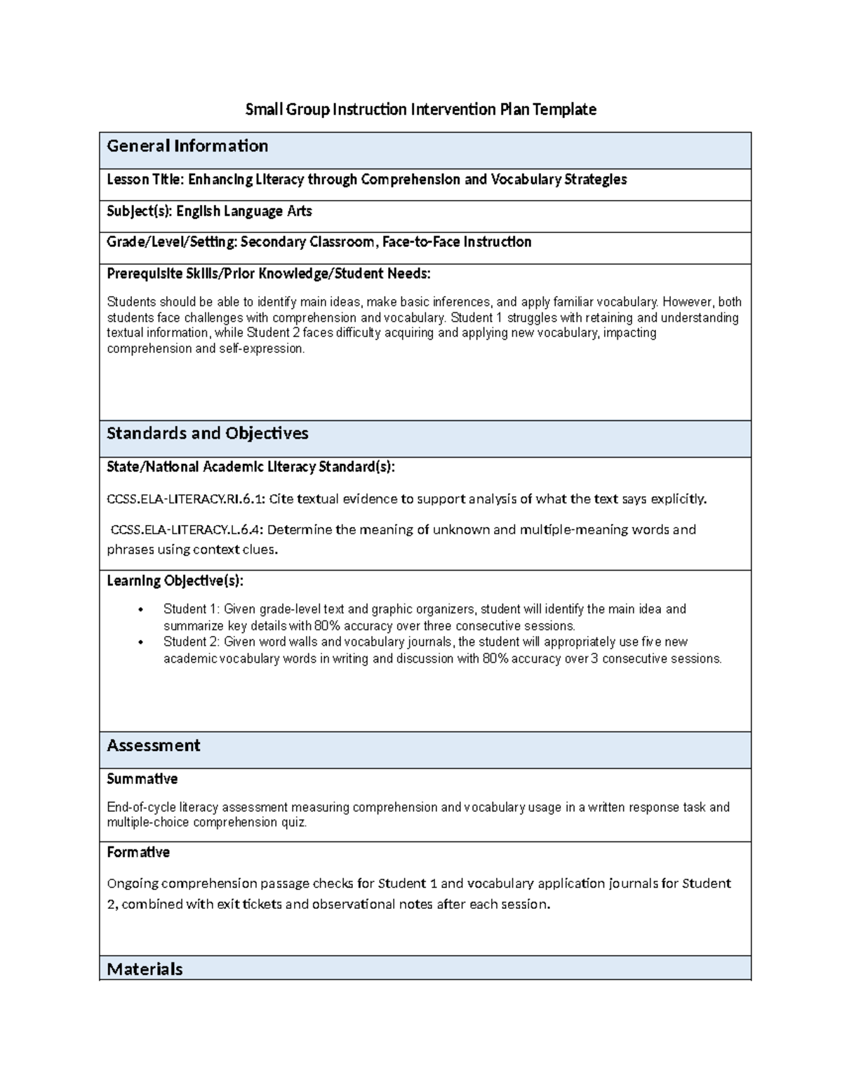 Small Group Instruction Intervention Plan: Enhancing Literacy ELA 101 ...