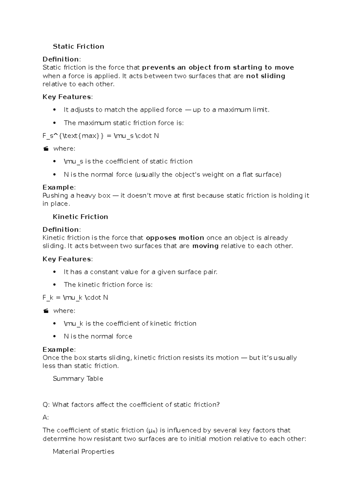 Static vs. Kinetic Friction: Definitions and Key Features - Studocu