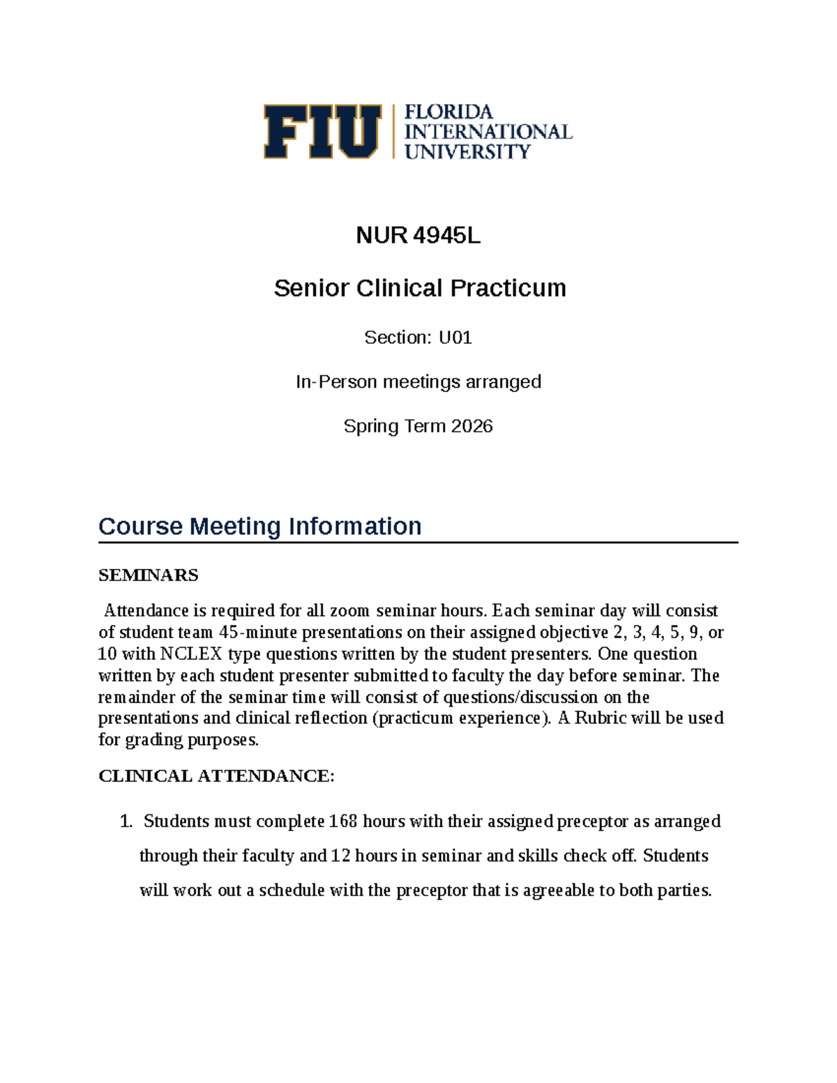 NUR 4945L Senior Clinical Practicum Syllabus - Spring 2026 - Studocu