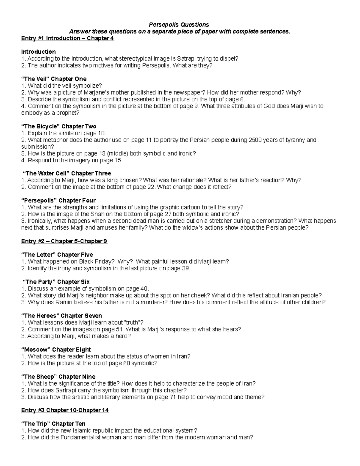Persepolis interactive study guide - Persepolis Questions Answer these ...
