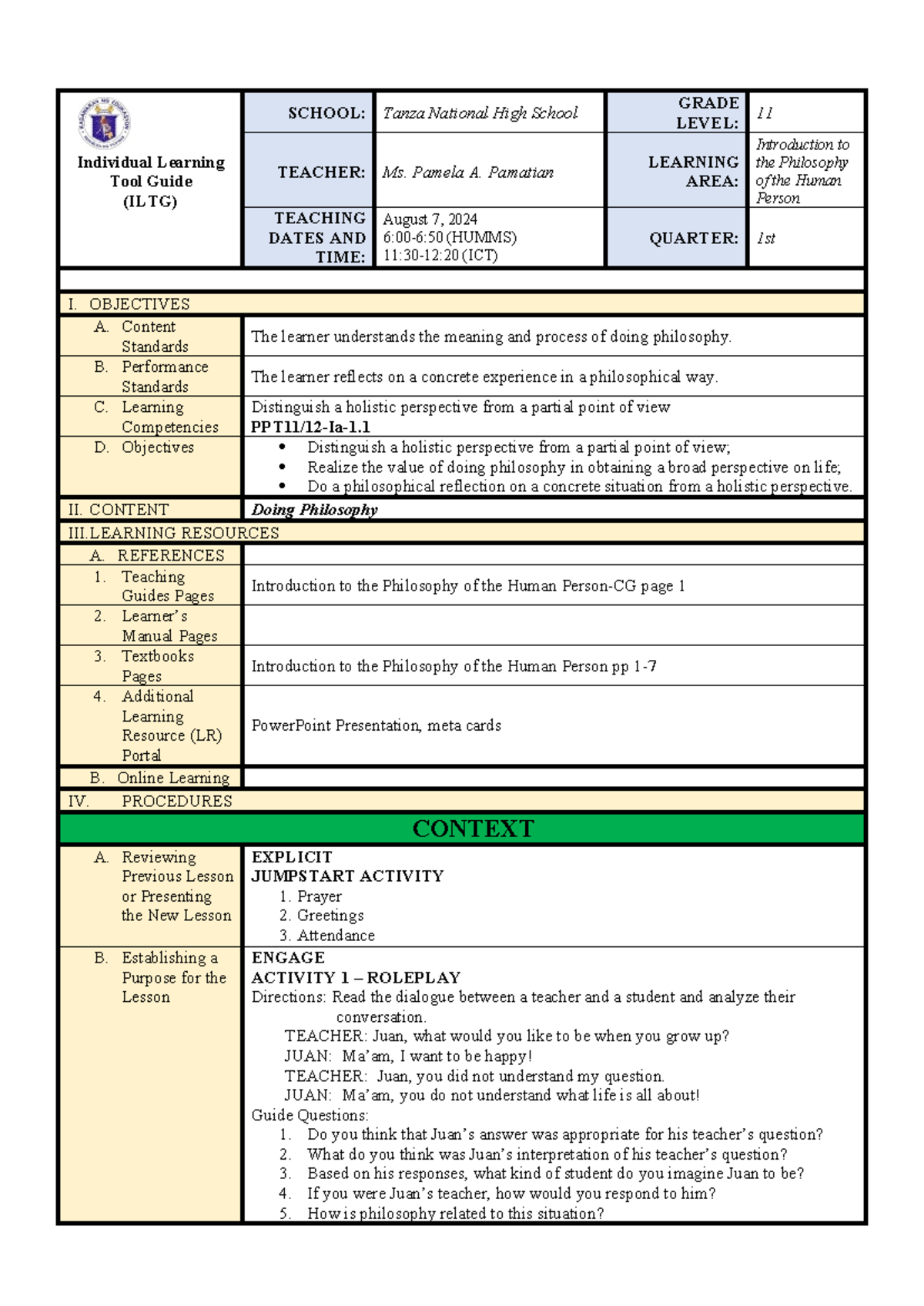AUG 7 DLP - PHILO - Comparing Holistic vs Partial Perspectives - Studocu