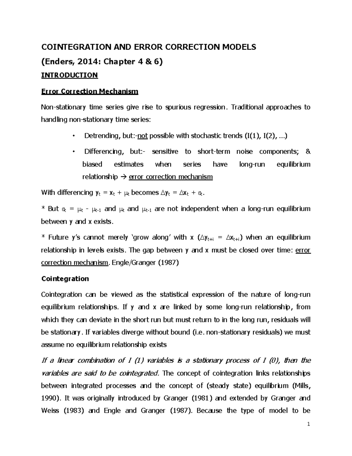 COINTEGRATION AND ERROR CORRECTION MODELS (Econ 101: Chapter 4) - Studocu