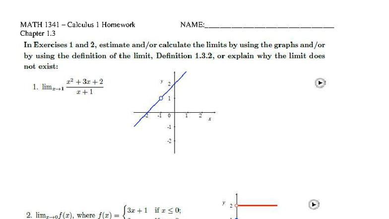 MATH 1341 Calculus 1 Homework: Chapter 1.3 Limit Exercises - Studocu