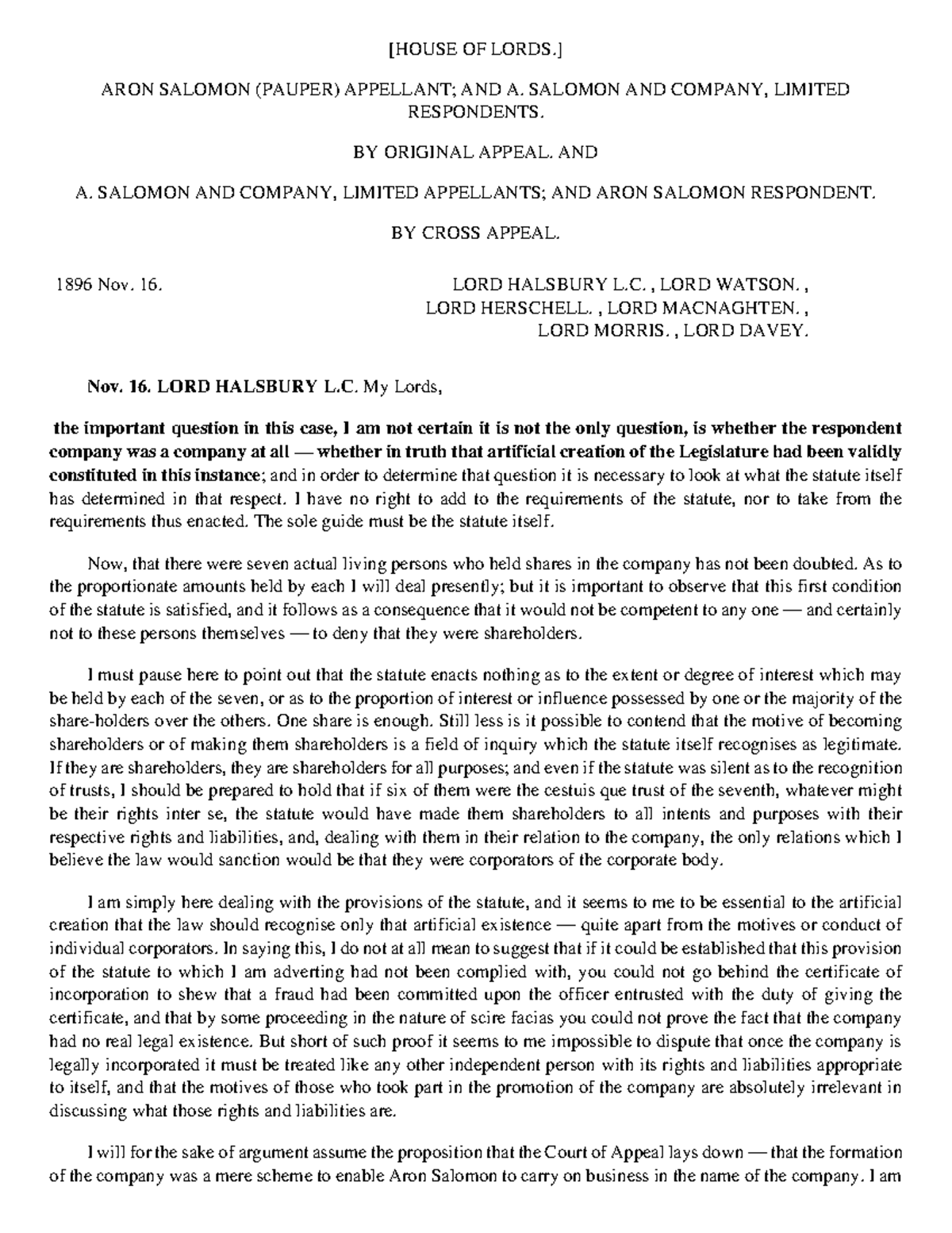 Salomon - note - [HOUSE OF LORDS.] ARON SALOMON (PAUPER) APPELLANT; AND ...
